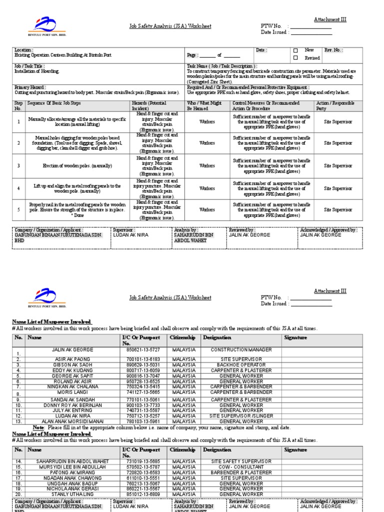 Job Safety Analysis (JSA) Worksheet Attachment III PTW No.: - Date ...