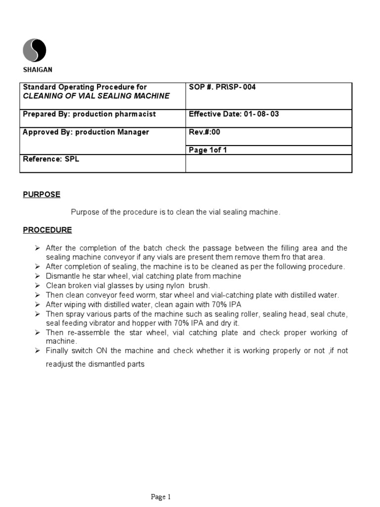 Vial Sealing Machine Cleaning SOP | PDF