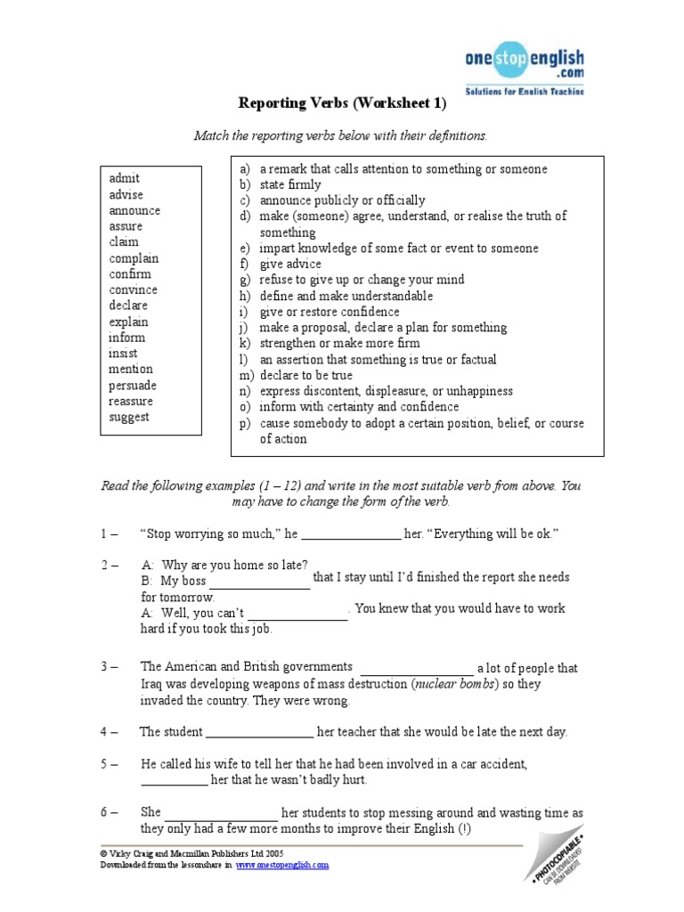 Reporting Verbs Worksheet 1 | PDF
