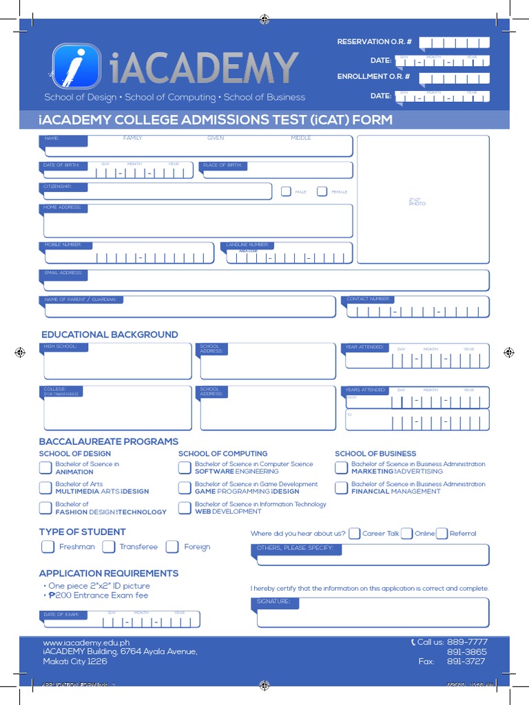 Iacademy College Admissions Test (Icat) Form: Educational Background ...