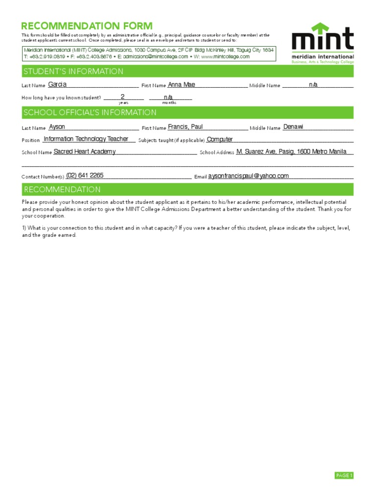 Recommendation Form: Student'S Information | PDF | Career & Growth