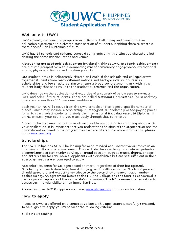 Student Application Form: Welcome To UWC! | PDF | Further Education ...