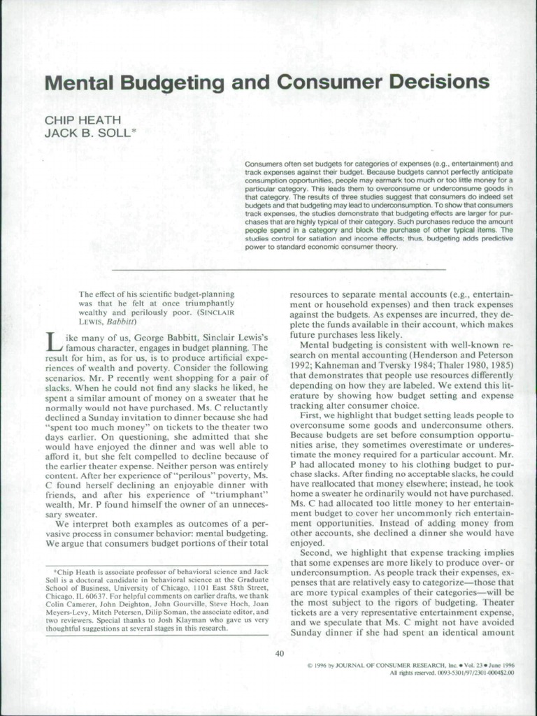 Mental Budgeting in Consumer Behavior | PDF | Budget | Dummy Variable ...