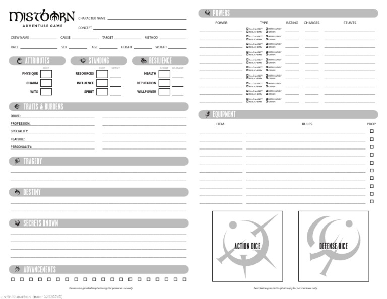 Mistborn RPG Character Sheet Template | PDF
