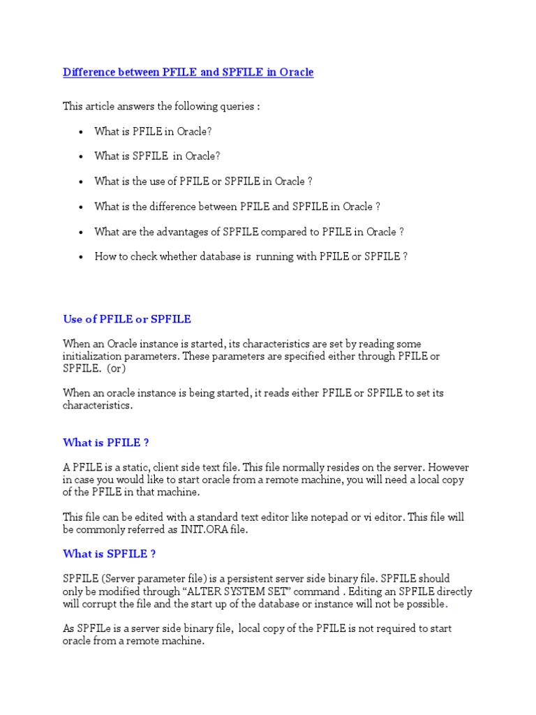 Difference Between PFILE and SPFILE in Oracle | PDF | Oracle Database | Databases