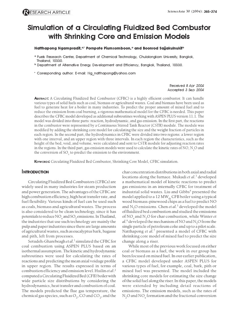 Simulation of A Circulating Fluidized Bed Combustor With Shrinking Core and Emission Models ...