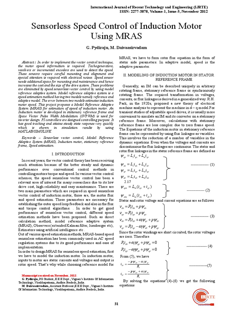 Sensorless Speed Control Of Induction Motor Pdf Control Theory