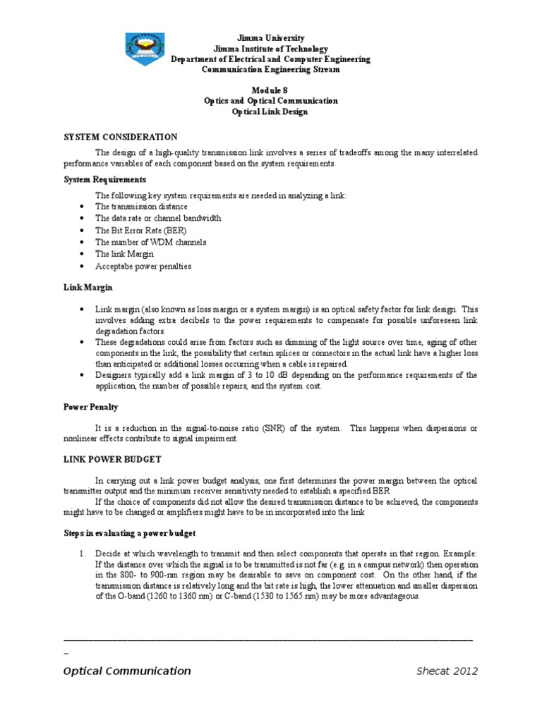Module 8 - Optical Link Design | PDF | Optical Fiber | Decibel