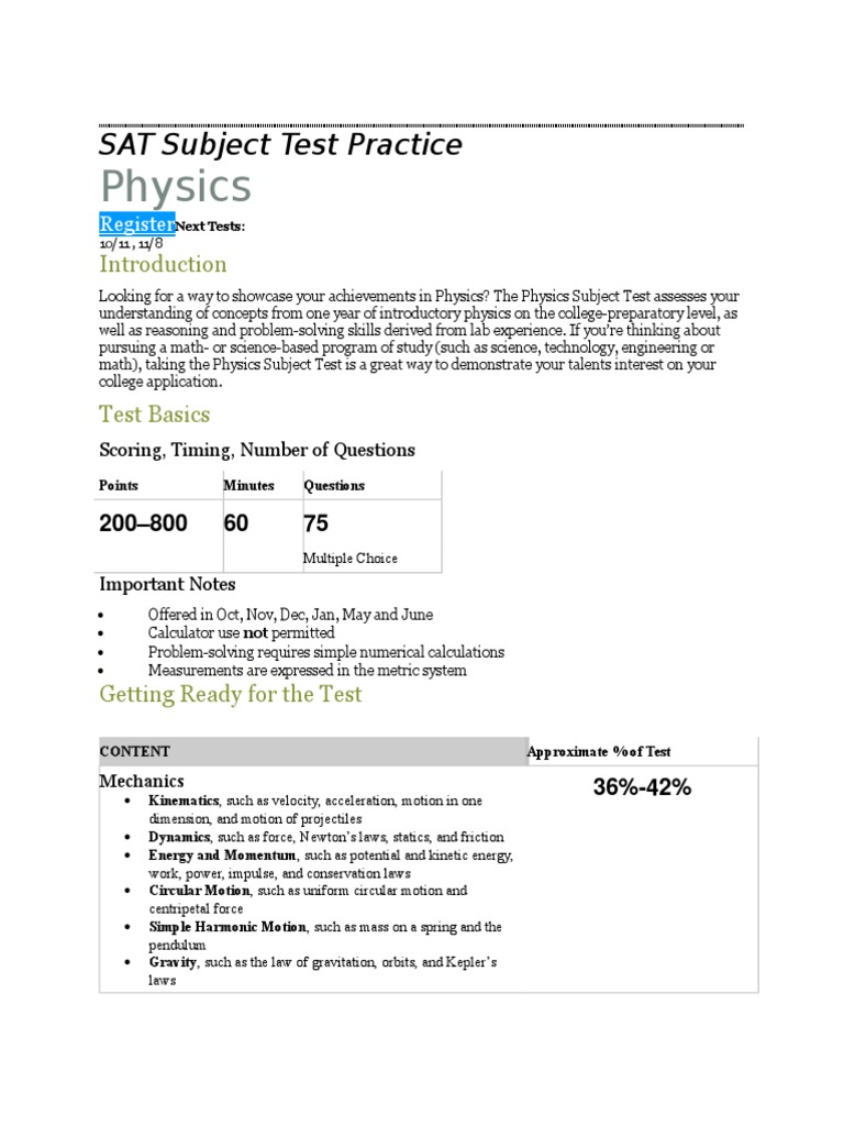 Physics: SAT Subject Test Practice | PDF | Optics | Force