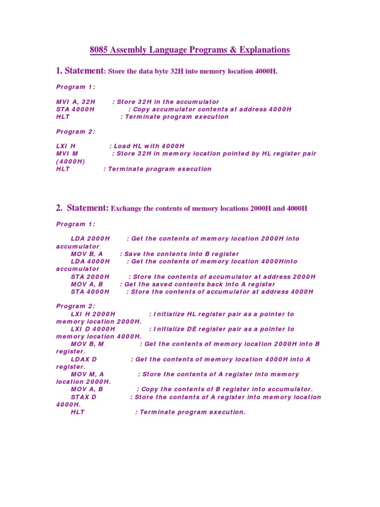 8085 Assembly Language Programs & Explanations 1. | PDF | Pointer ...
