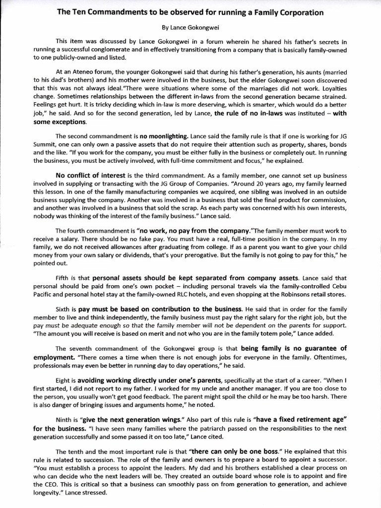 Ten Commandments for Family Corporations | PDF | Family | Society