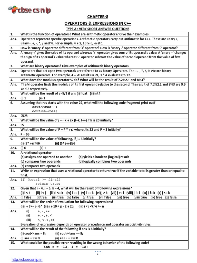 Cbse Computer Science Operators And Expressions Solutions Pdf Data Type Integer Computer