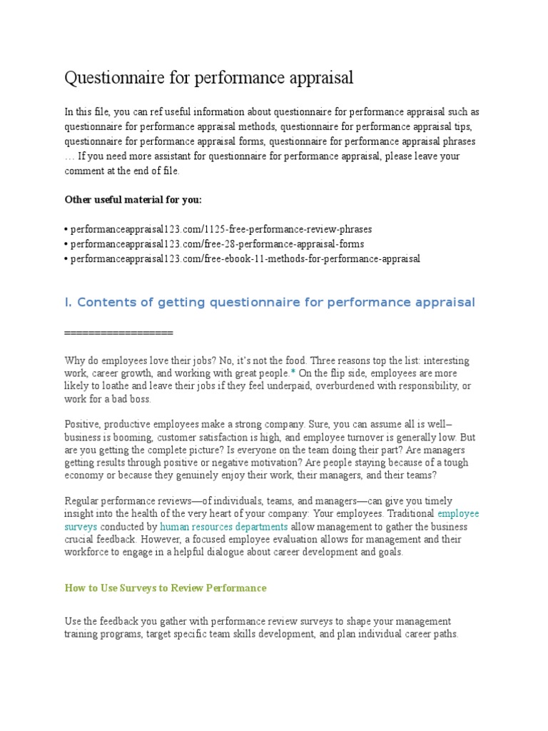Questionnaire For Performance Appraisal | PDF | Employment ...