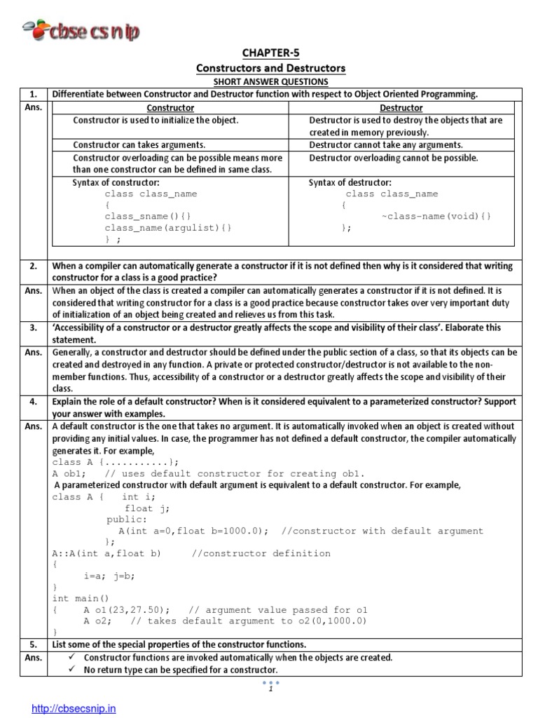 Computer Science Chapter 5 Constructors And Destructors From Sumita Arora Pdf Constructor