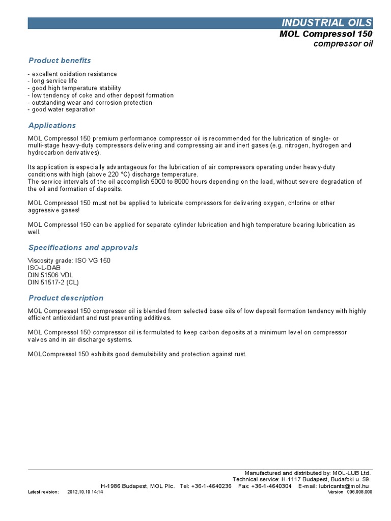 Mol Compressol 150 | PDF | Motor Oil | Gas Compressor