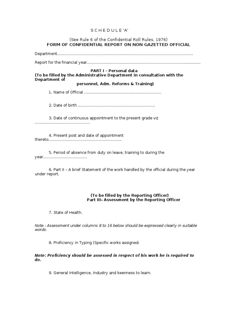 Form of Confidential Report On Non Gazetted Official: Schedule A' (See ...