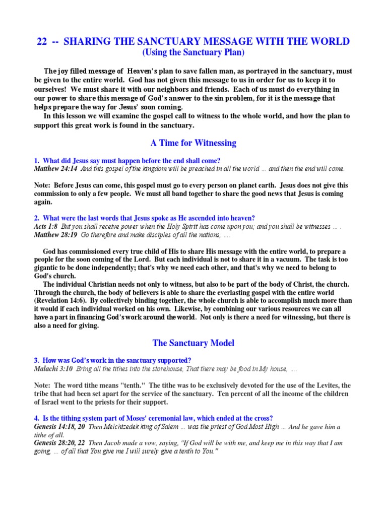 22 Sharing The Sanctuary Message With The World Study 22 | PDF | Tithe ...