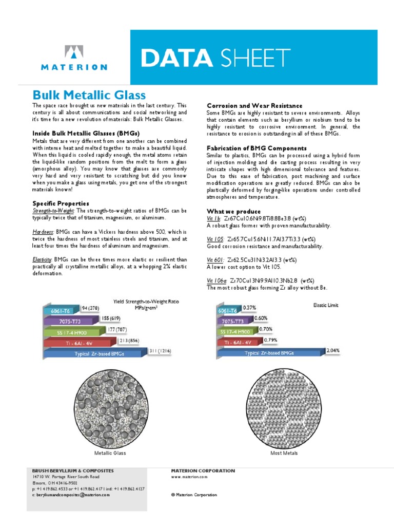 Materion Bulk Metallic Glass Data Sheet | Metals | Glasses | Free 30 ...