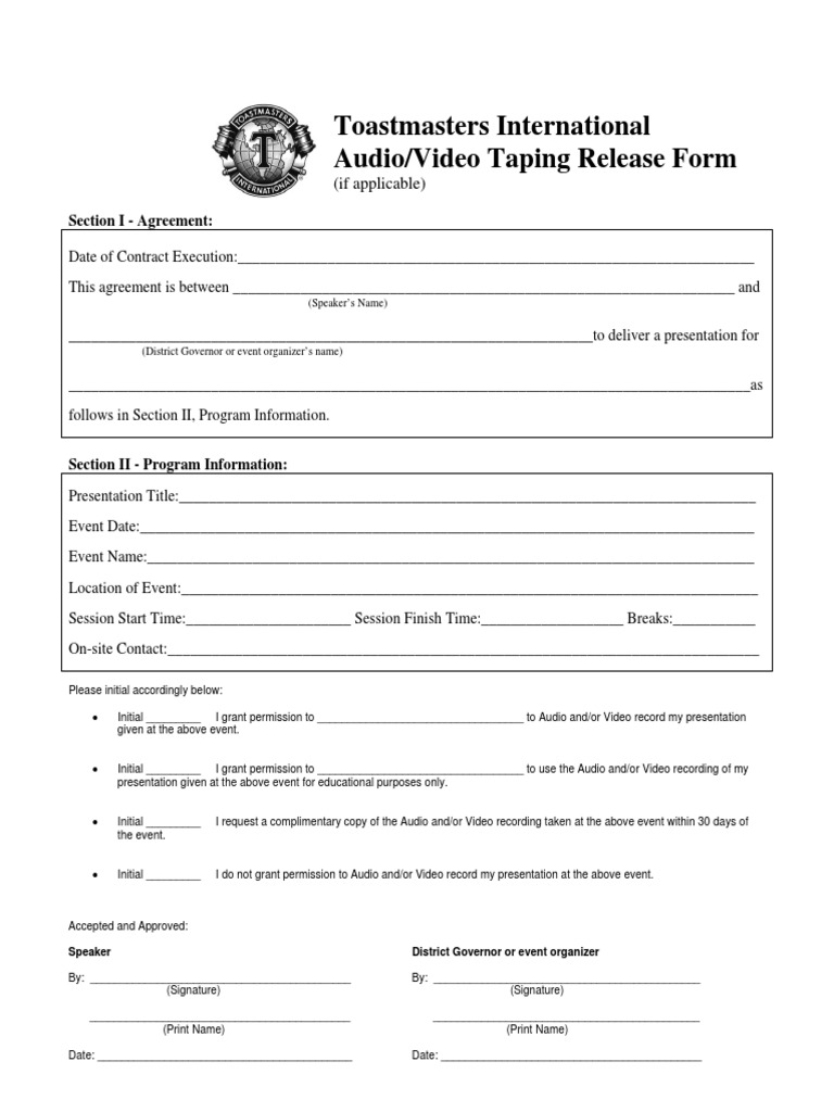 Toastmasters International Audio/Video Taping Release Form: (If ...