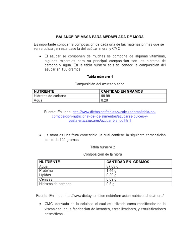 Balance de Masa en Mermelada de Mora | PDF