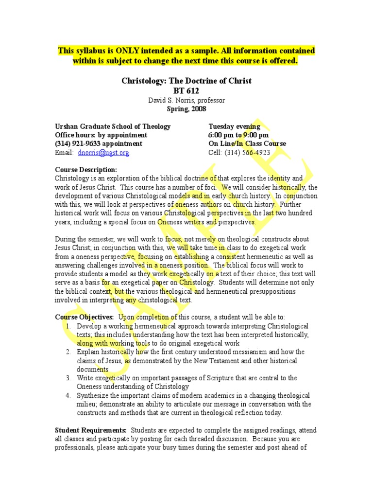 Christology Syllabus | PDF | Oneness Pentecostalism | Christology