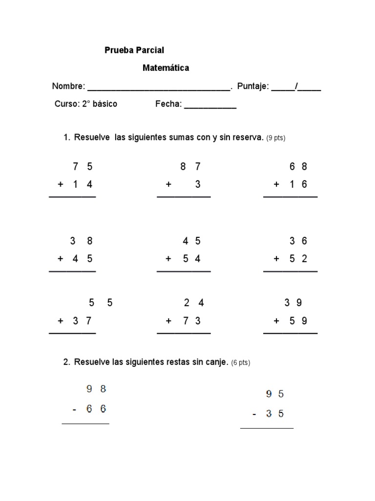Prueba Sumas y Restas | PDF | Finanzas y dinero