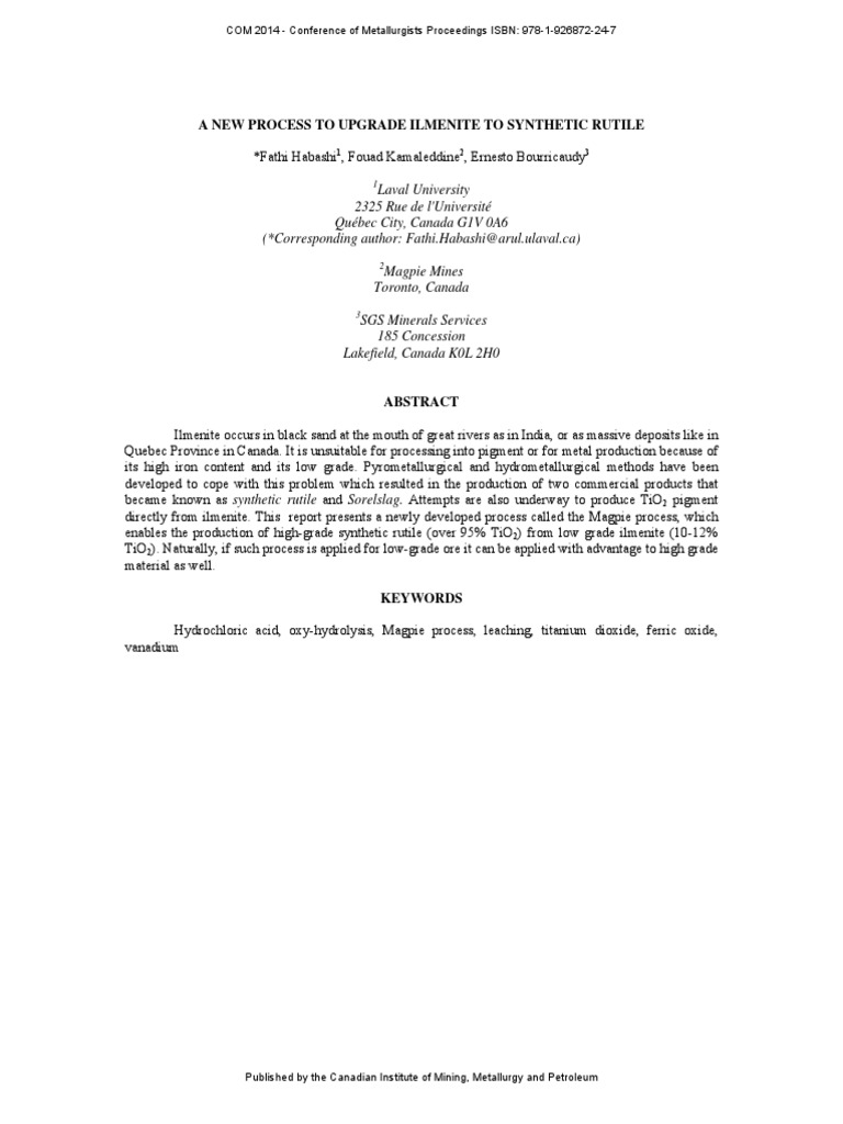 Upgrade Ilmenite to Synthetic Rutile Process | PDF | Titanium Dioxide ...