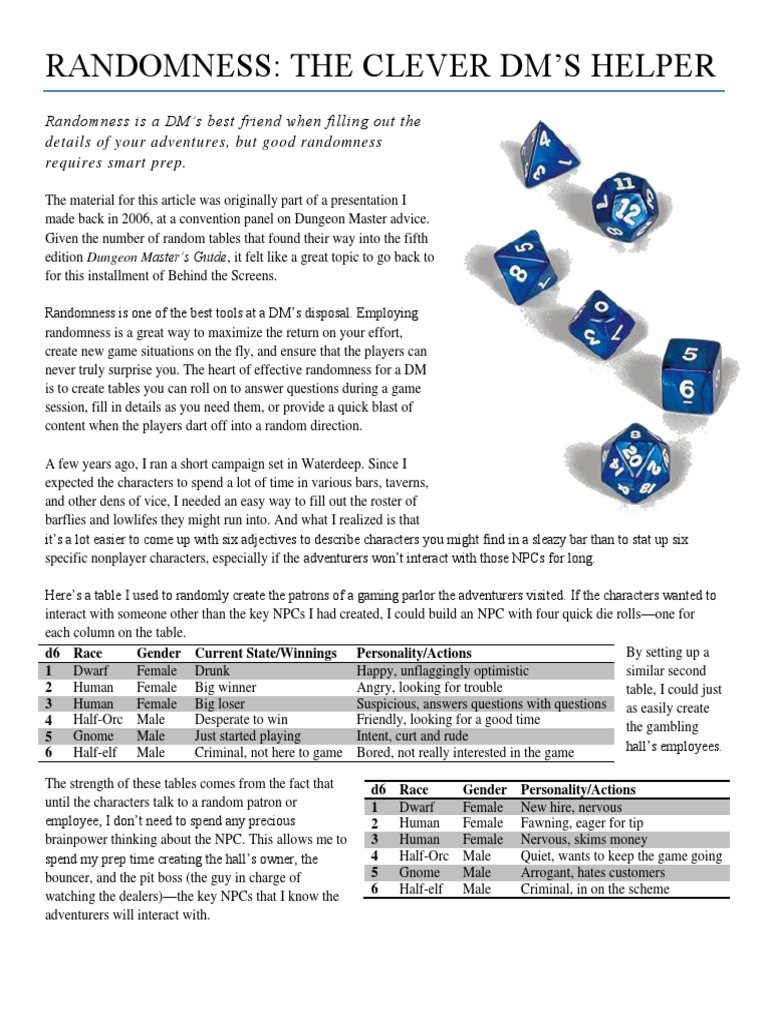 Randomness - The Clever Dm's Helper | PDF | Dungeons & Dragons | Role ...