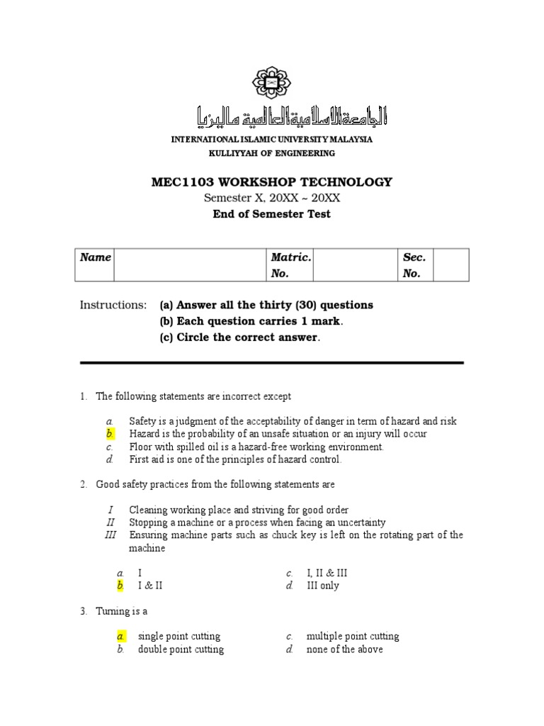 Workshop Technology Test Questions | PDF | Machining | Tools