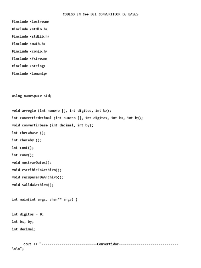 Código en C++ Convertidor de Bases | PDF