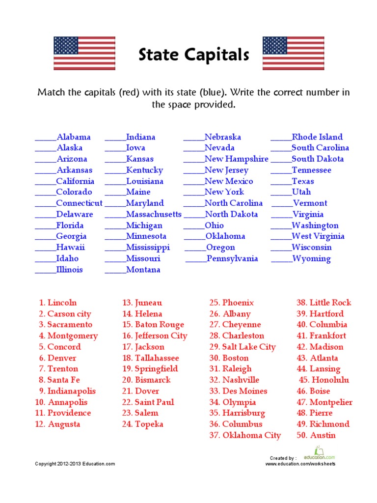 State Capitals Matching Worksheet | PDF