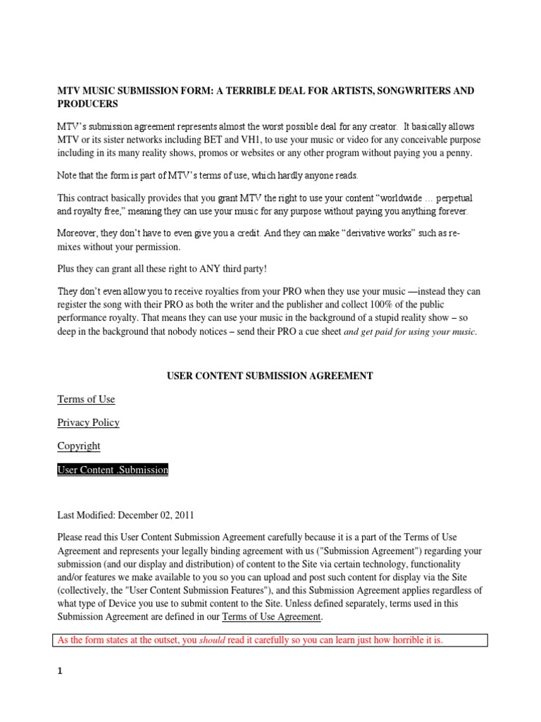 MTV's "Music Submission Form" | PDF | Copyright Infringement ...