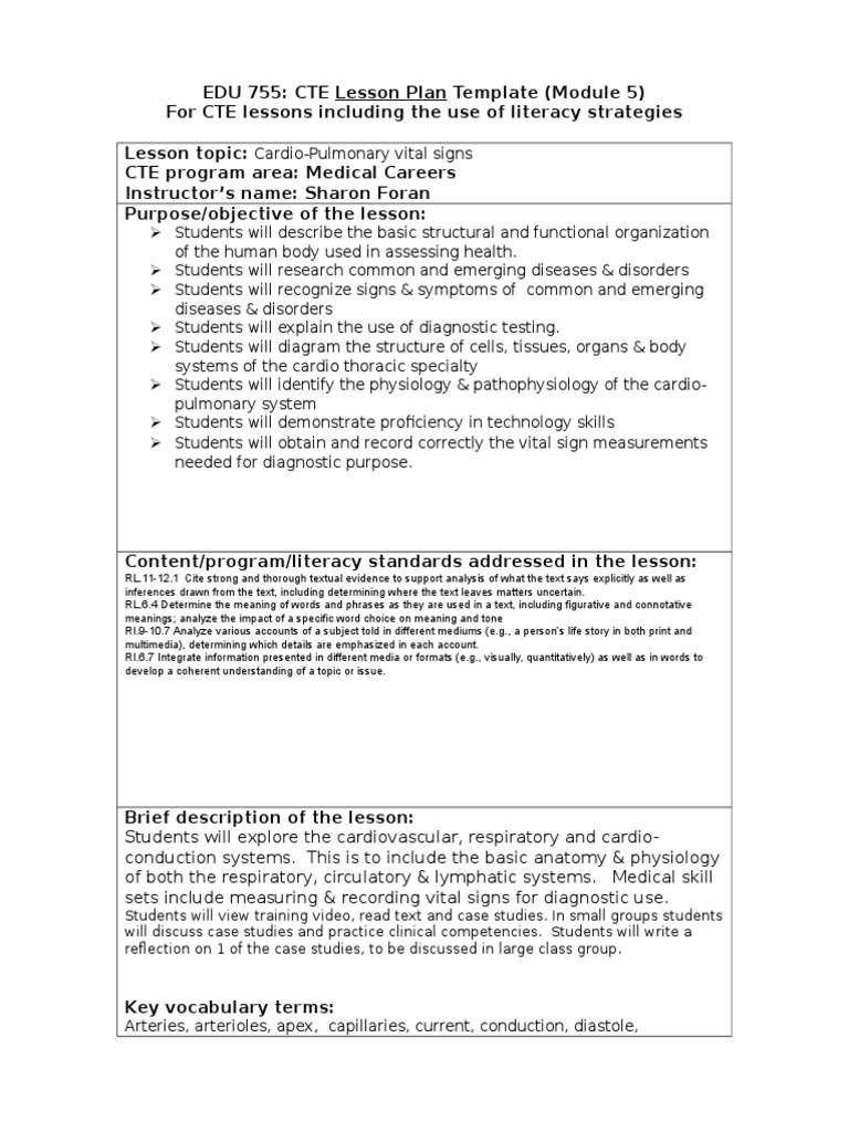 Edu 755 Cte Lesson Plan | PDF | Heart | Circulatory System