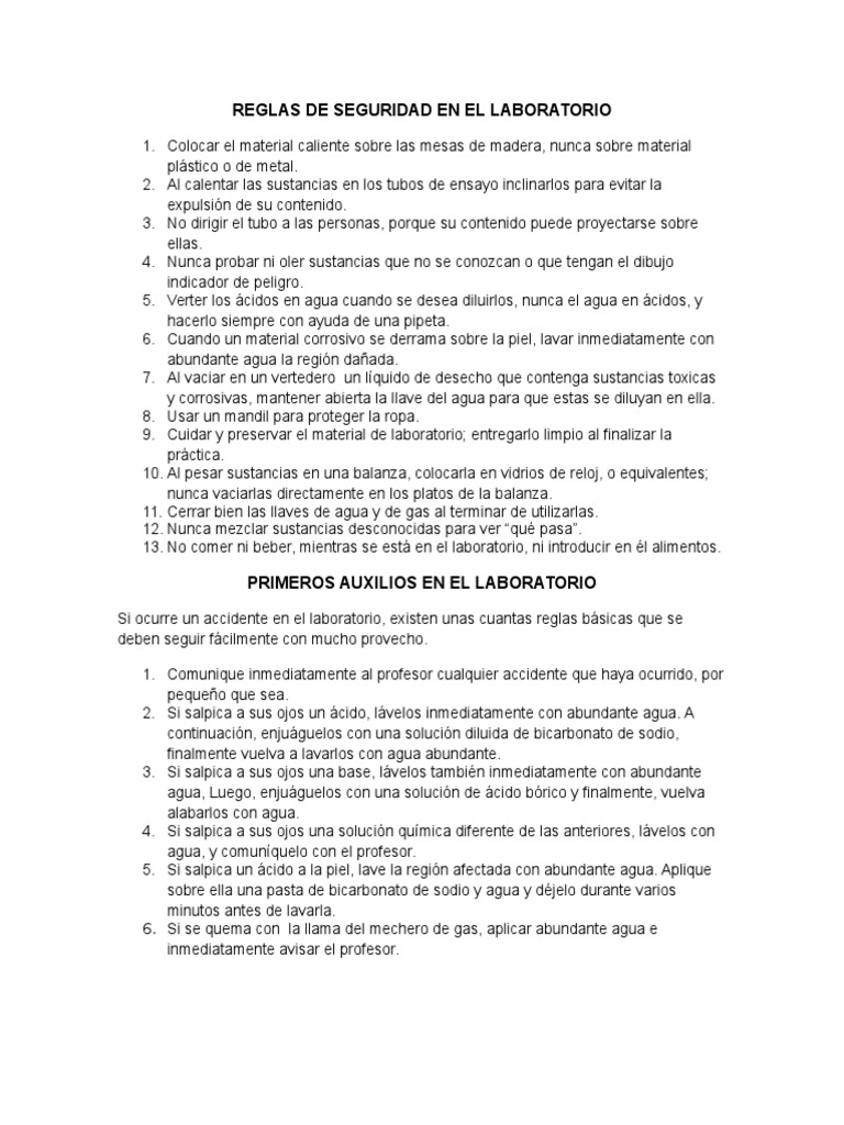 Reglas de Seguridad y Primeros Auxilios en Laboratorio | PDF | Cocina ...