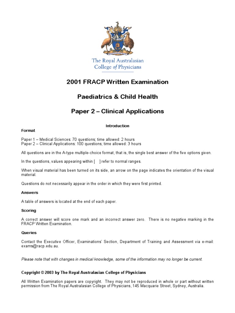 2001 FRACP Written Examination Paediatrics & Child | PDF | Medical ...