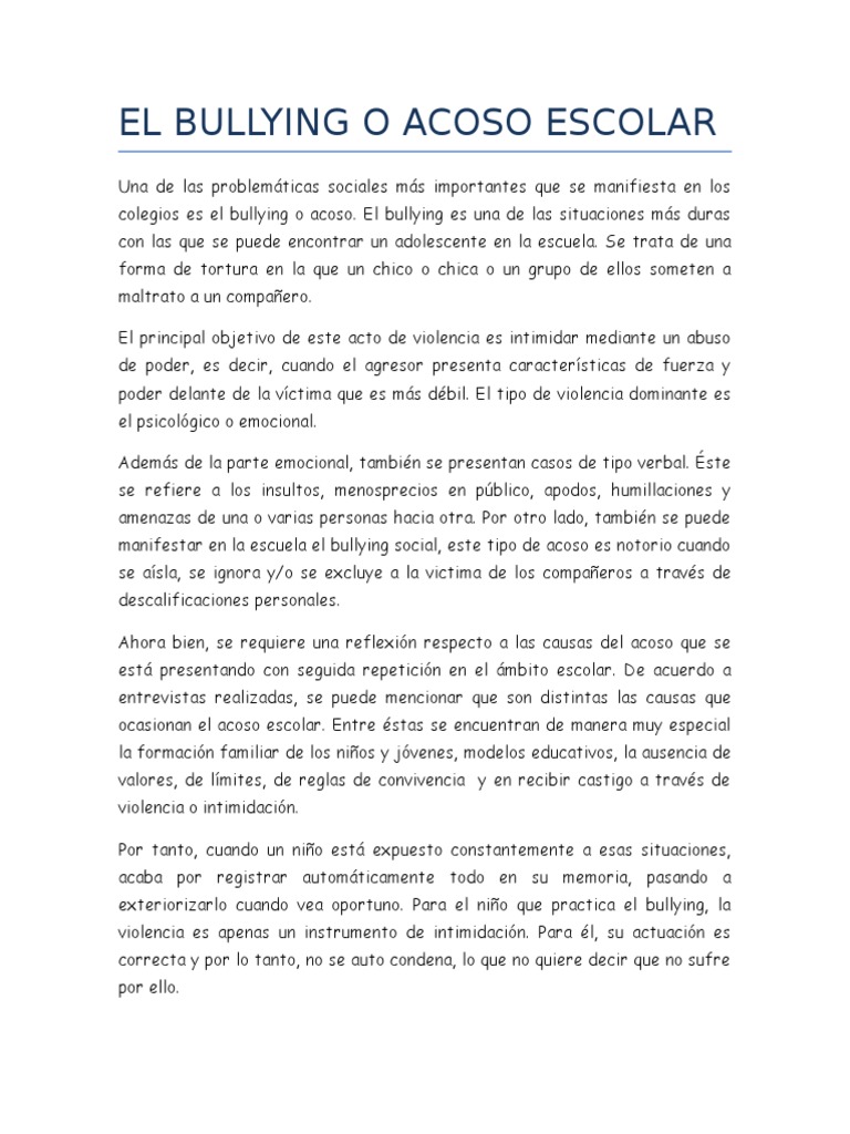 El Bullying o Acoso Escolar | PDF | Sicología | Conceptos psicologicos
