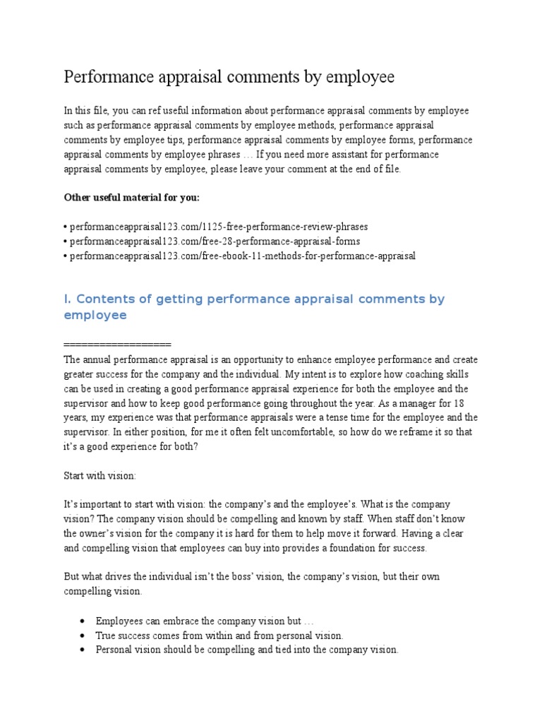 Performance Appraisal Comments by Employee | PDF | Performance ...