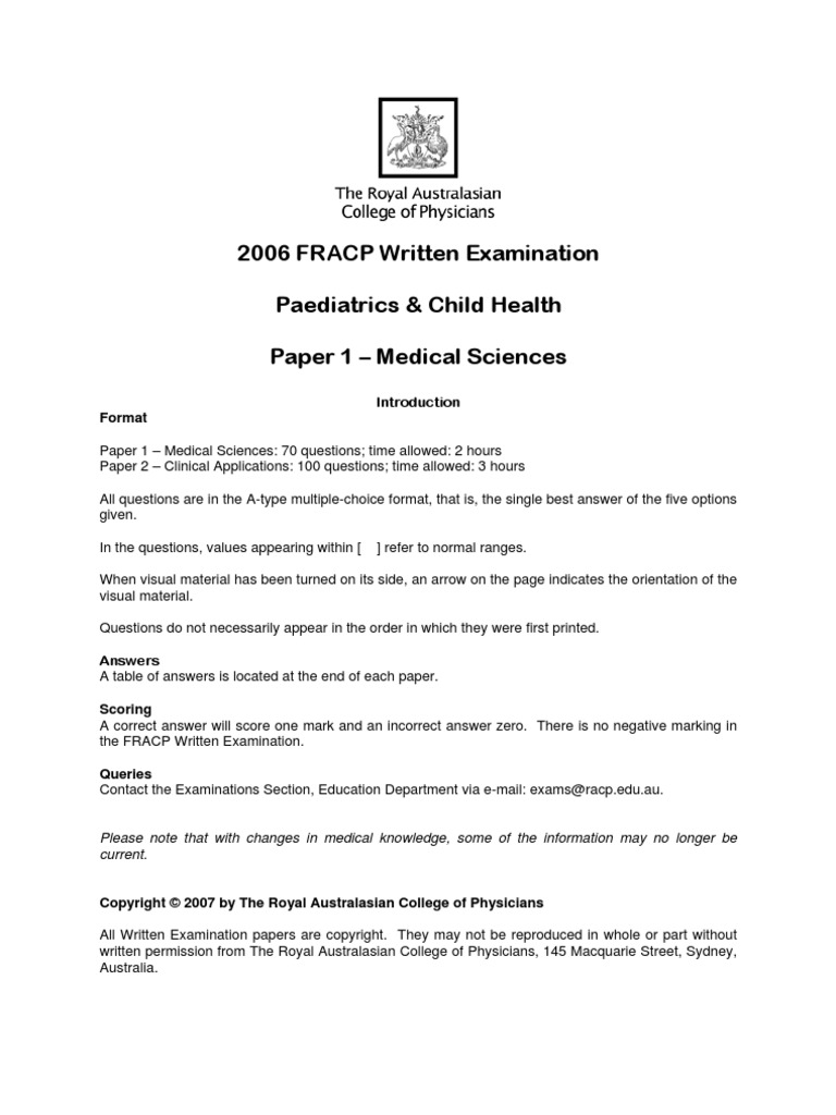 2006 FRACP Written Examination Paediatrics & Child | PDF | Breathing ...