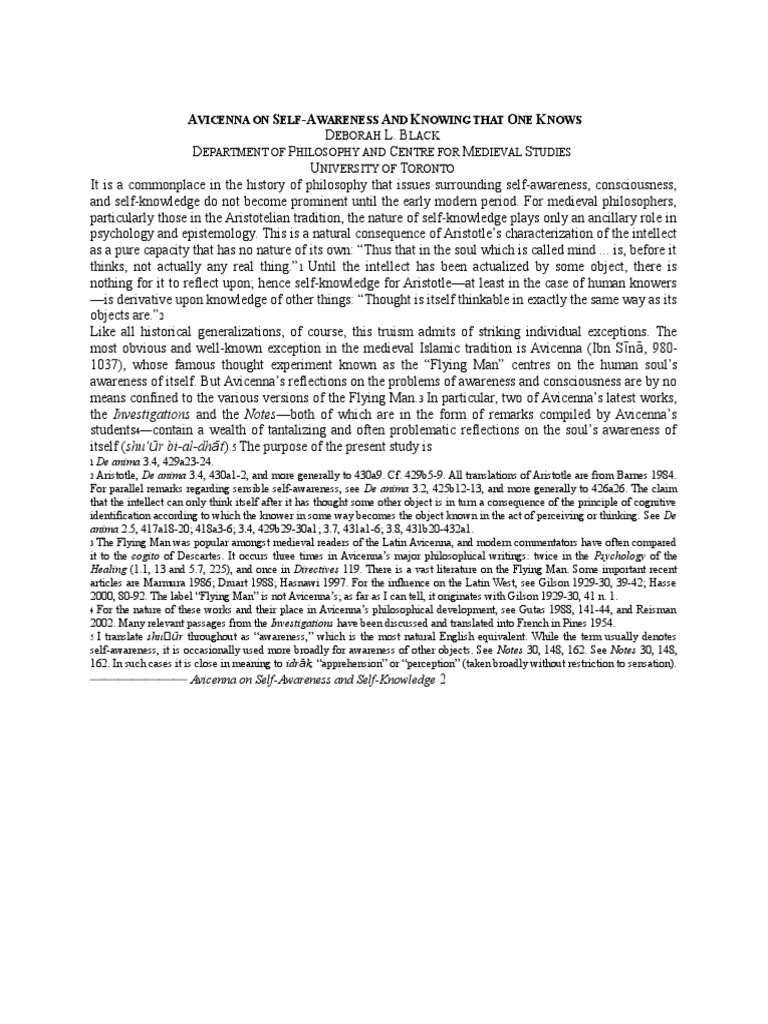 Avicenna's Floating Man Experiment | PDF | Self Awareness | Nous