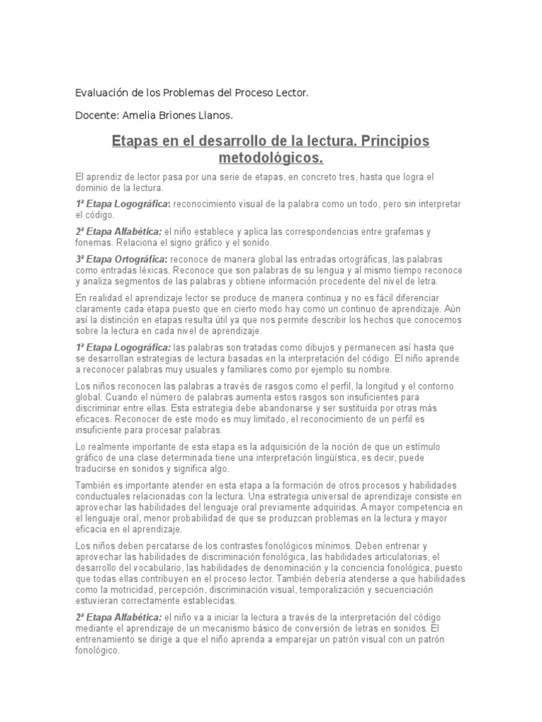 Etapas Del Aprendizaje de La Lectura | PDF | Palabra | Lectura (proceso)