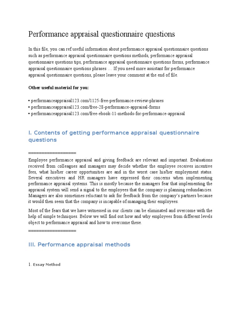 Performance Appraisal Questionnaire Questions | PDF | Performance ...