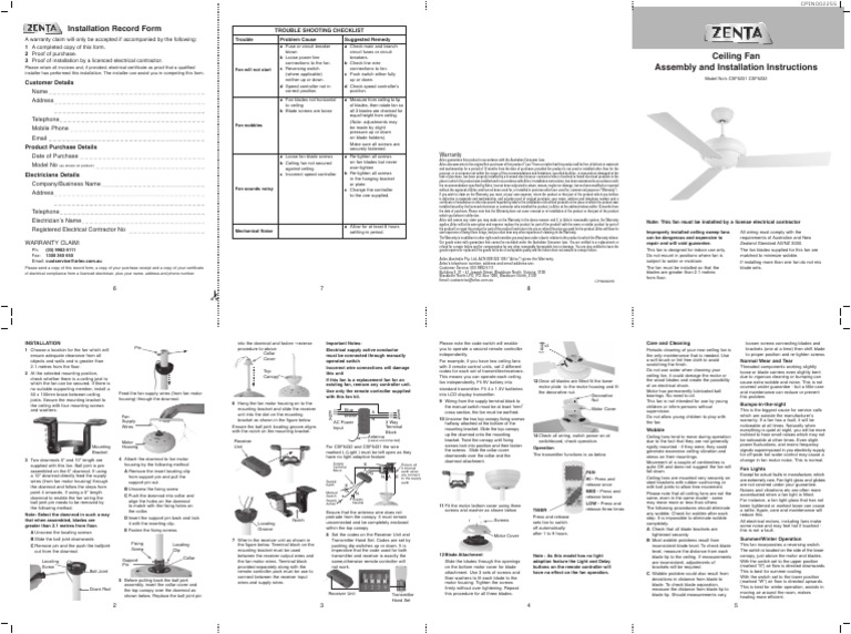 ZENTA Ceiling Fan | PDF | Manufactured Goods | Electrical Engineering