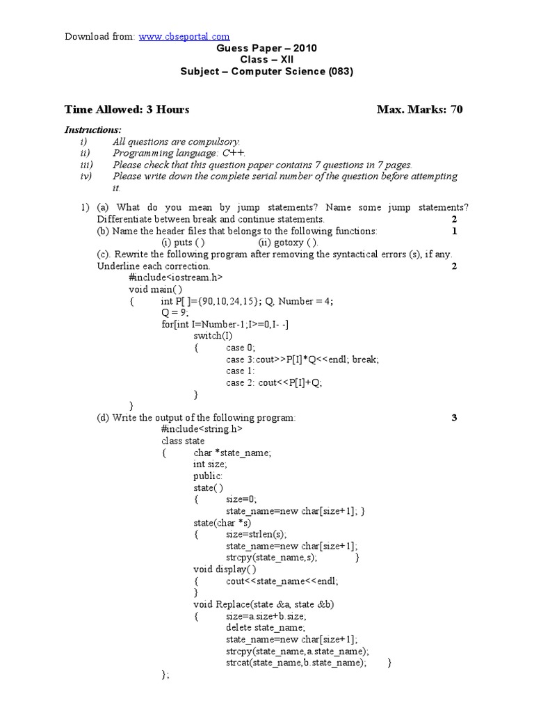 CBSE Class XII Guess Paper Computer Science-1 | PDF | Teaching Mathematics | Array Data Structure