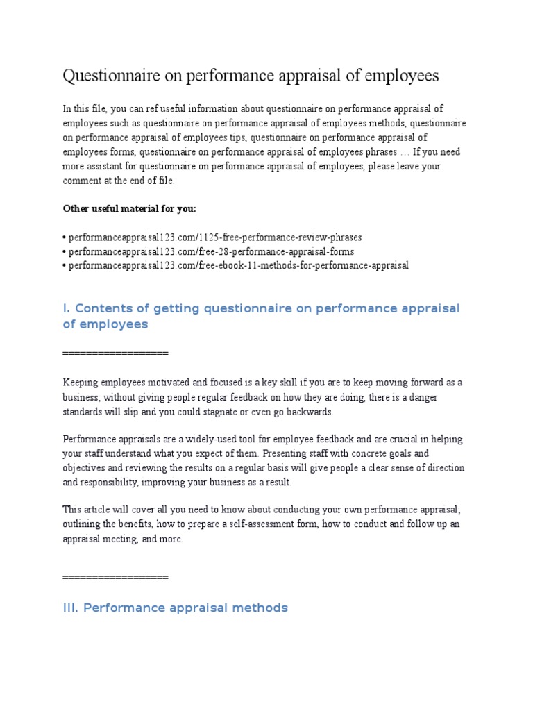 Questionnaire On Performance Appraisal of Employees | PDF | Performance ...