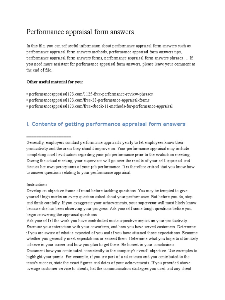 Performance Appraisal Form Answers | PDF | Performance Appraisal | Question