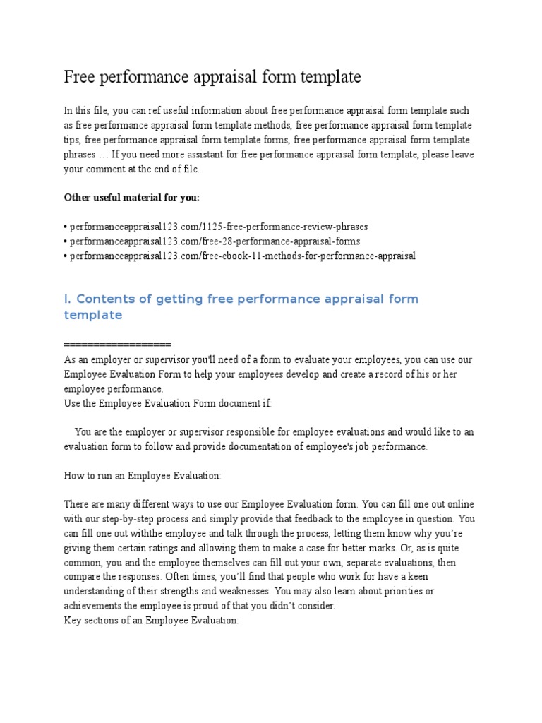 Free Performance Appraisal Form Template | PDF | Performance Appraisal ...