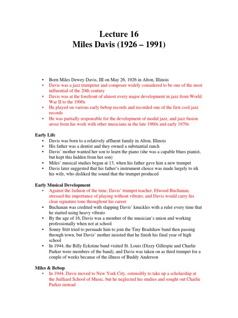 Lecture 16 (Miles Davis) | PDF | Jazz | African American Music