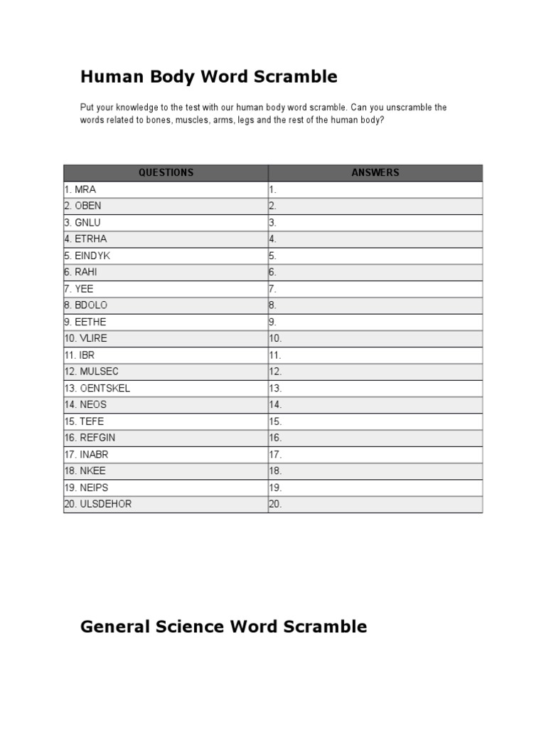 Human Body Word Scramble Challenge | PDF