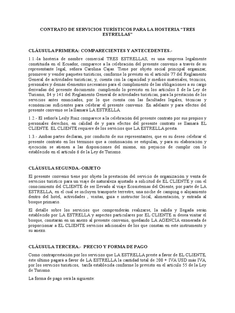 Contrato de Servicios Turísticos para El Hotel | Turismo | Arbitraje