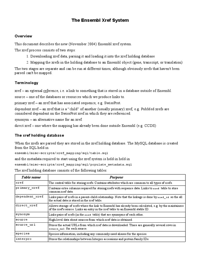 The Ensembl Xref System: Table Name Purpose | Download Free PDF ...